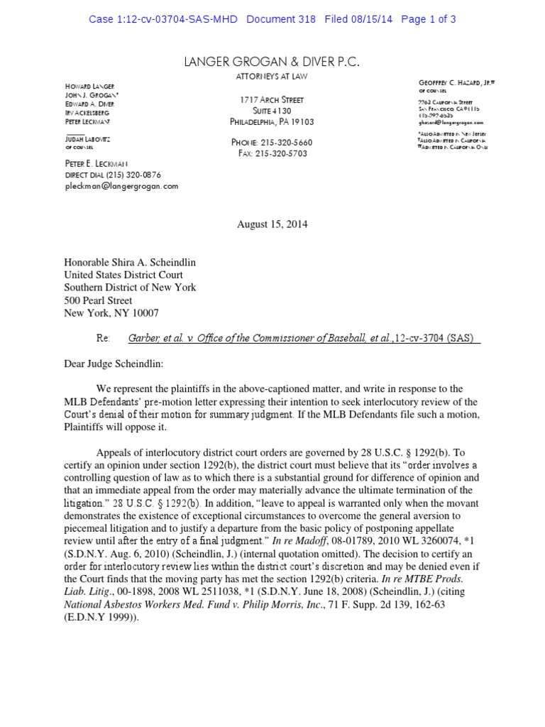 Garber Letter in Response To MLB's Interlocutory Appeal Request | PDF ...