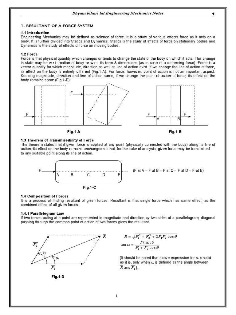 Shyam Bihari Lal Engineering Mechanics Notes: 1. Resultant of A Force ...