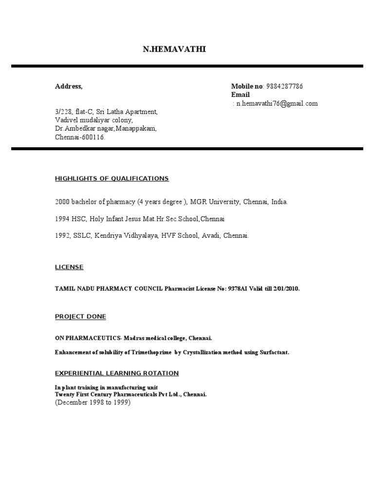 Hema Resume | PDF | Pharmacy | Business
