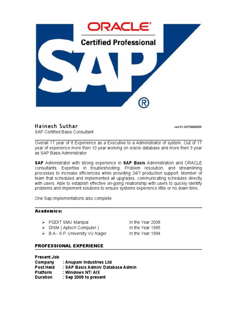 Nainesh Suthar: SAP Administrator With Strong Experience in SAP Basis Administration and ORACLE ...