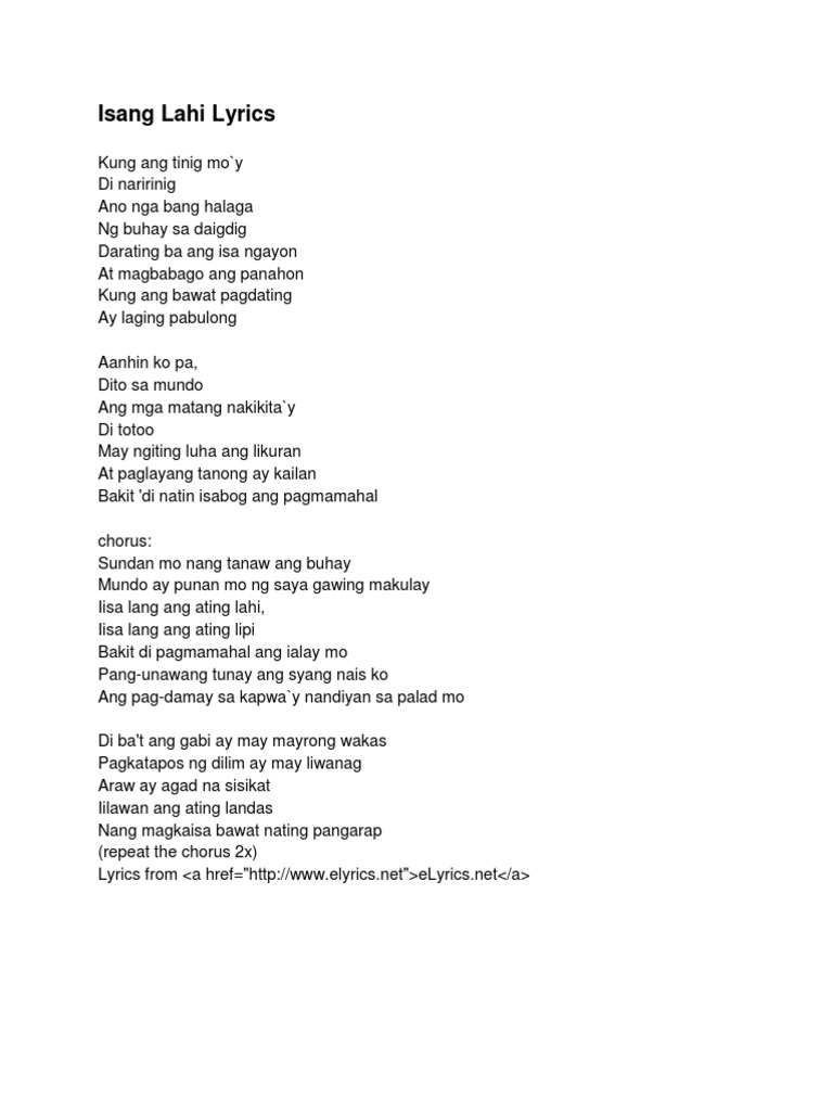 Isang Lahi Lyrics | PDF