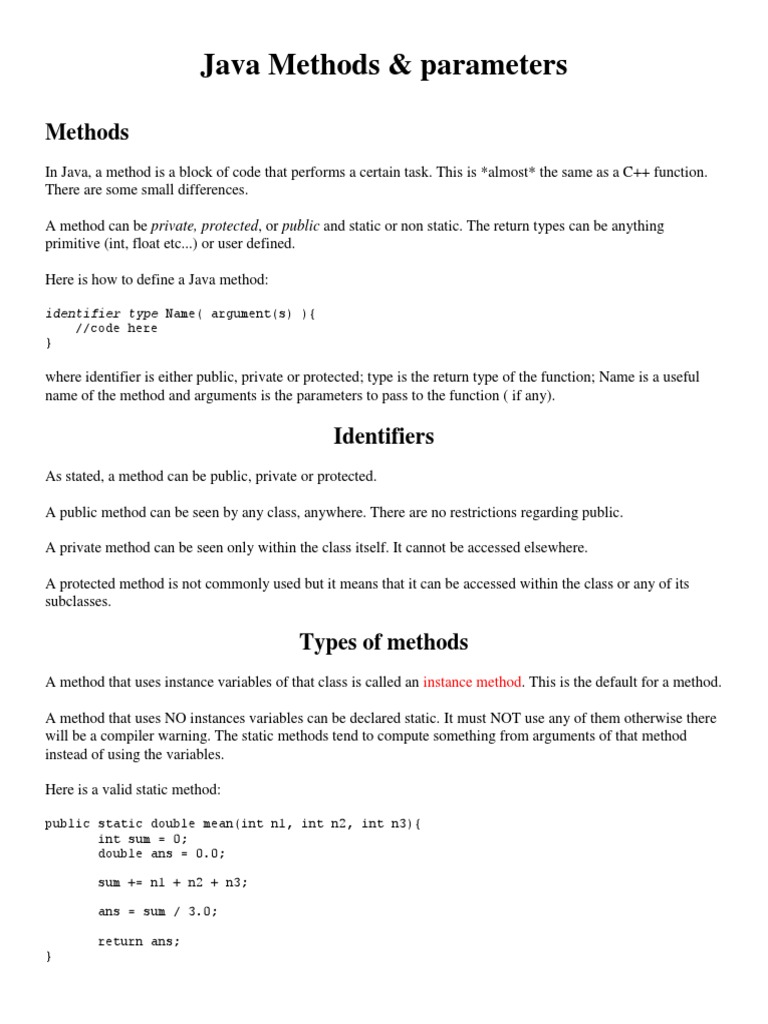 Java Methods And Parameters Pdf Method Computer Programming