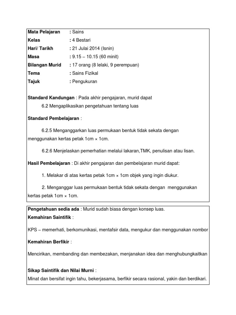 RPH Sains Tahun 4 - Mengaplikasikan Pengetahuan Tentang Luas | PDF