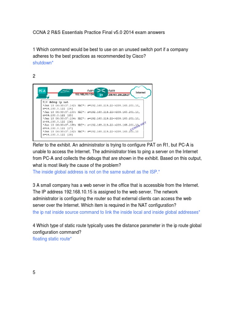 CCNA 2 R&S Essentials Practice Final v5.0 2014 Exam Answers: Shutdown ...