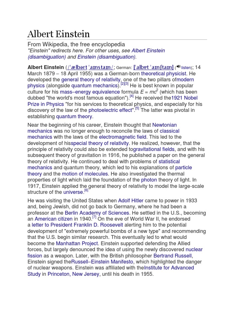 Albert Einstein: From Wikipedia, The Free Encyclopedia | PDF | Albert ...