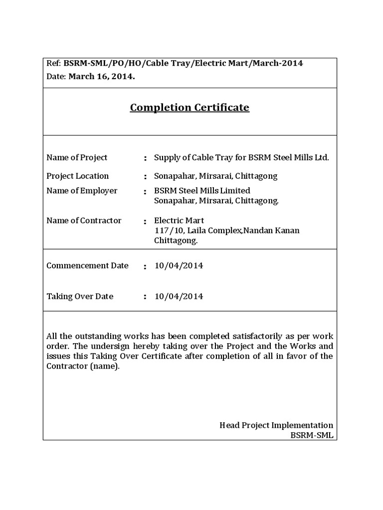BSRM Steel Mills issues Completion Certificate for Cable Tray Supply ...