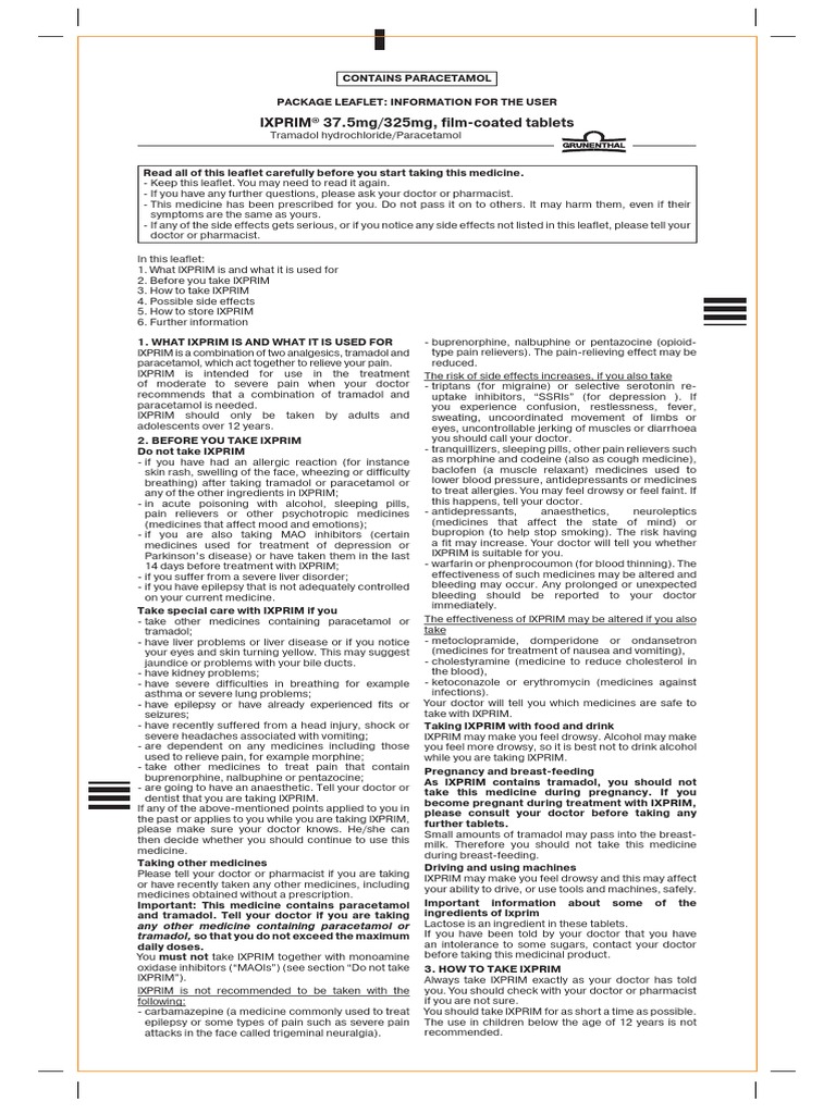 Ixprim 37.5mg/325mg, Film-Coated Tablets | PDF | Analgesic | Antidepressant