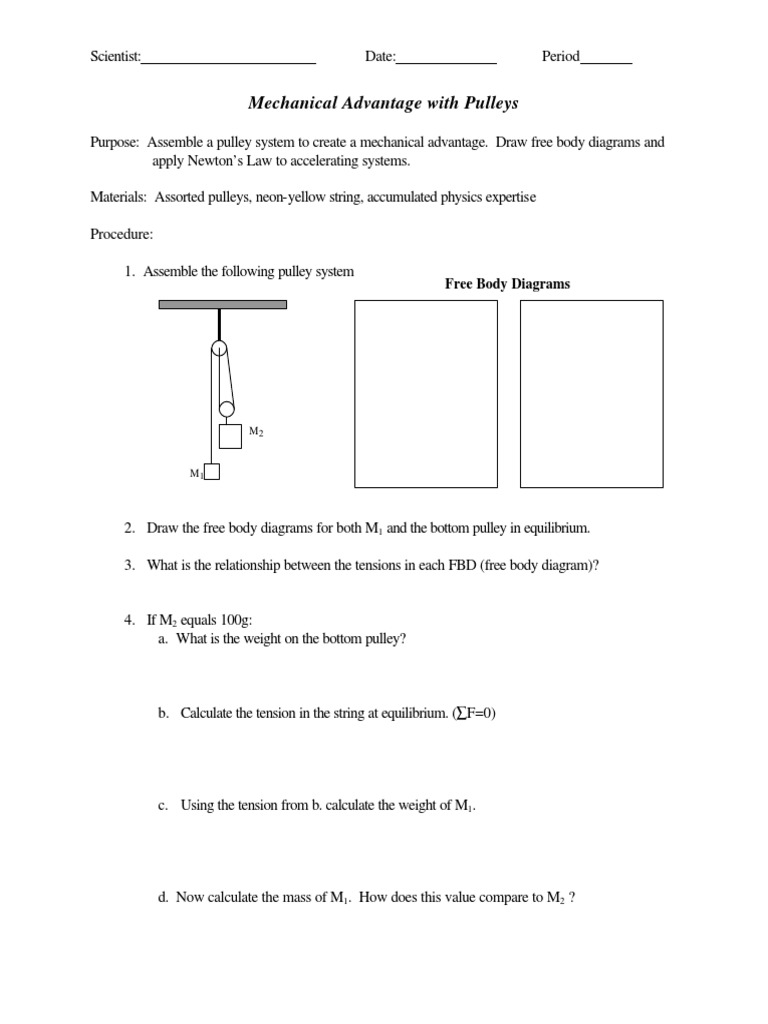 Mechanical Advantage With Pulleys: Free Body Diagrams | PDF | Tension ...
