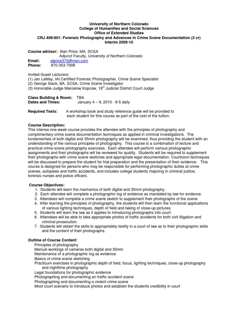 CRJ408 Syllabus | PDF | Crime Scene | Forensic Science