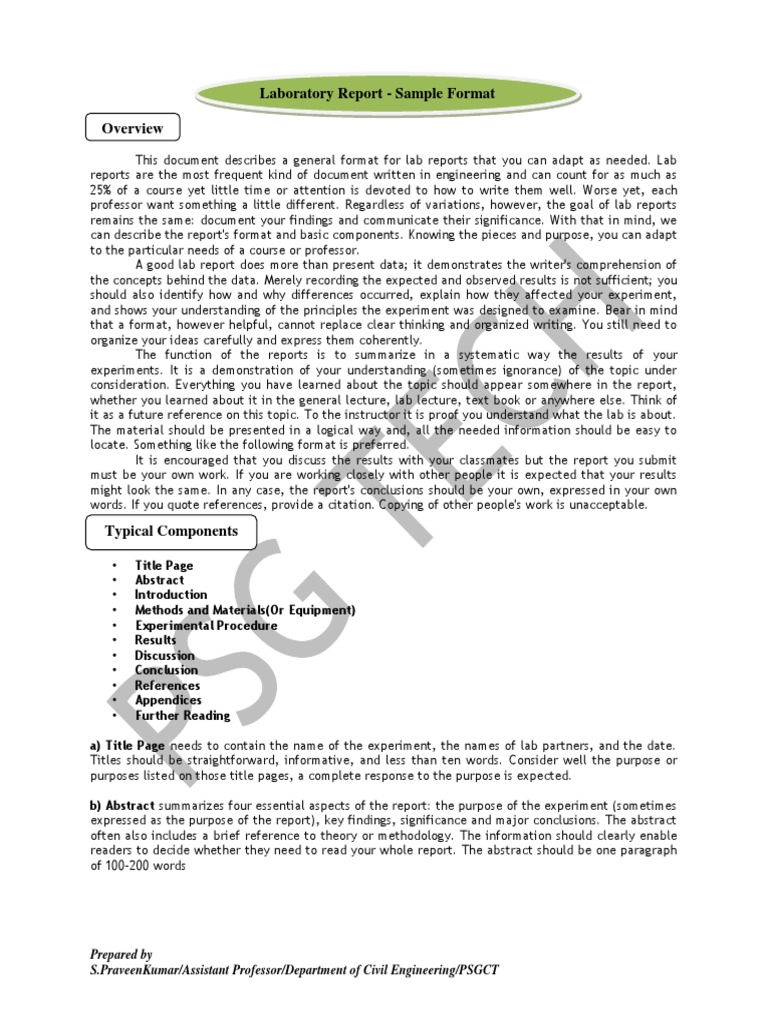 Laboratory Report - Sample Format: Prepared by S.Praveenkumar/Assistant ...