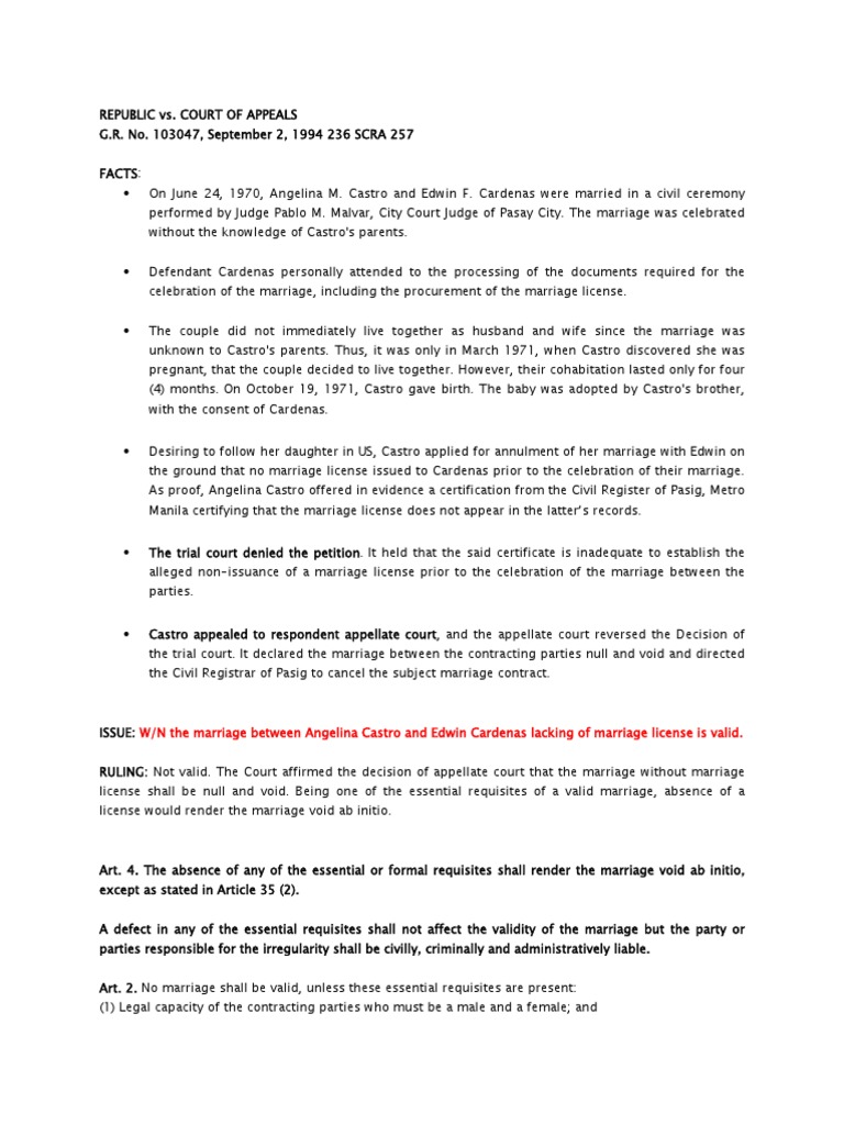 Republic Vs CA, 236 Scra 257 | PDF | Marriage License | Marriage