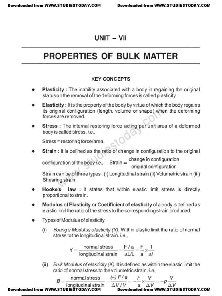 CBSE Class 11 Physics Questions For Chapter Properties of Bulk Matter | PDF | Nature