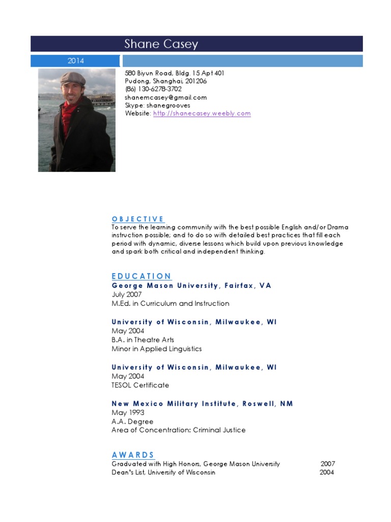 Shane Casey Resume 2014 | PDF | English As A Second Or Foreign Language ...