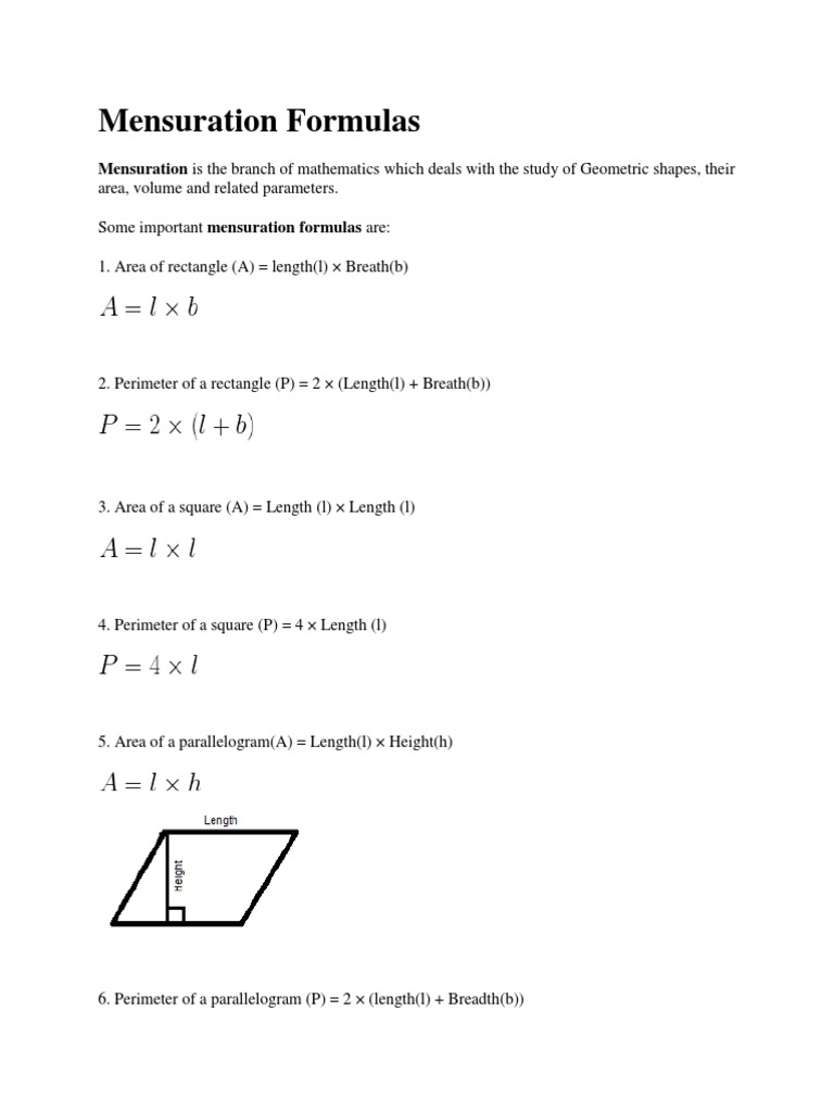 Solid Mensuration Formulas | PDF | Area | Triangle