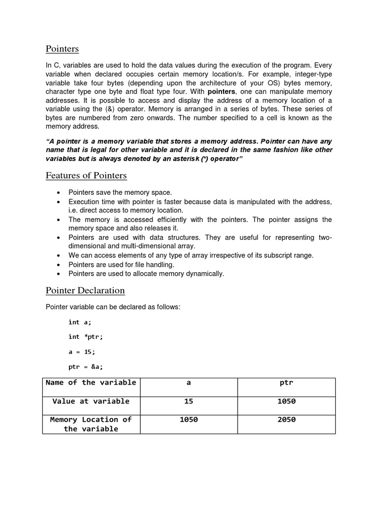 Pointers: Name of The Variable A PTR Value at Variable 15 1050 Memory Location of The Variable ...