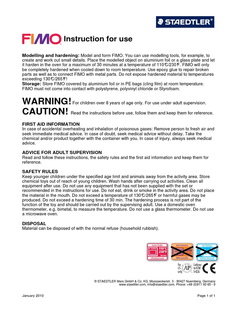 STAEDTLER FIMO Instructions For Use EU | PDF | Temperature | Chemistry