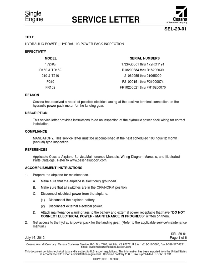 Service Letter: Single Engine | PDF | Cessna | Electrical Wiring