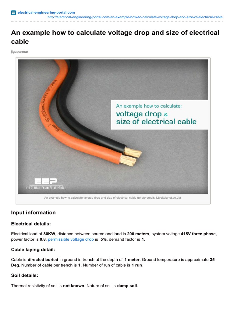 An Example How To Calculate Voltage Drop and Size of Electrical Cable | PDF