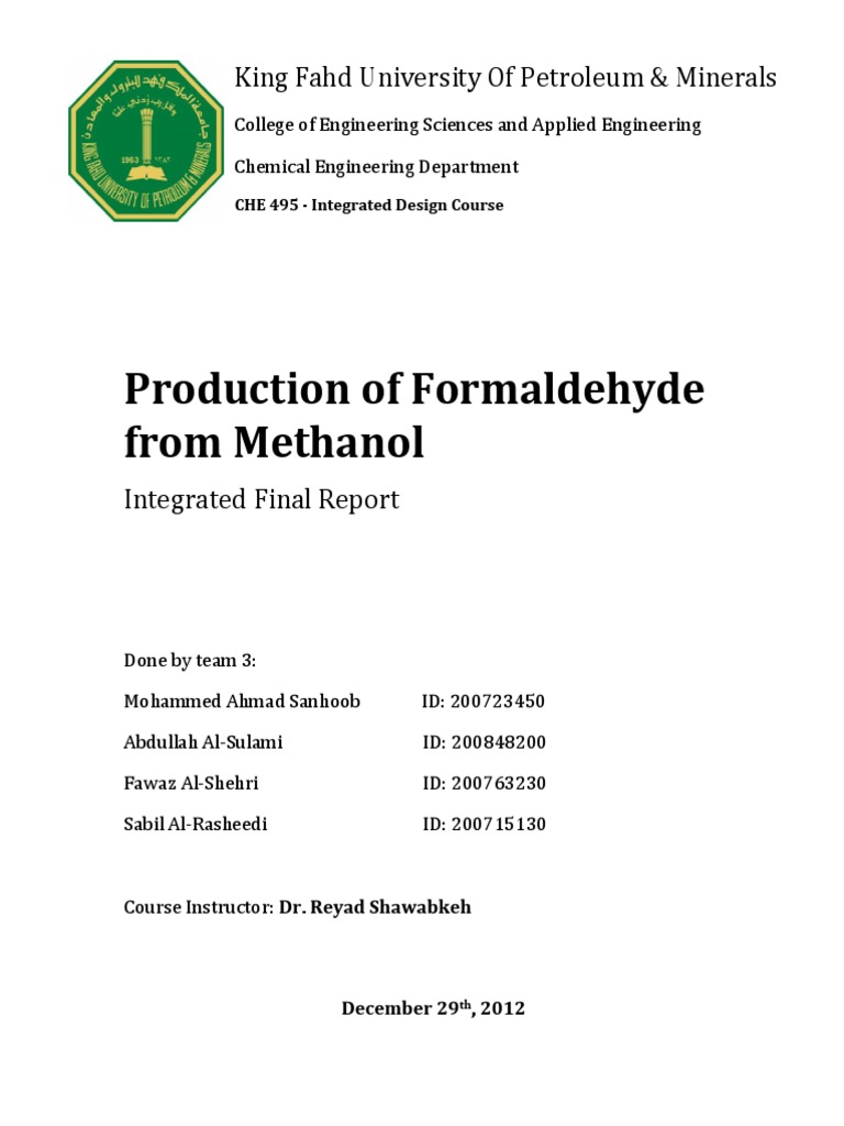 Production of Formaldehyde From Methanol | PDF | Formaldehyde | Methanol