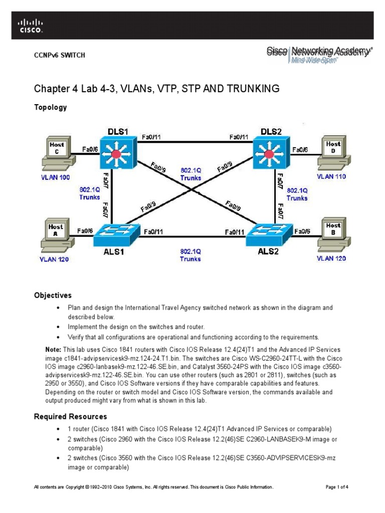 Chapter 4 Lab 4-3, Vlans, VTP, STP and Trunking: Topology | PDF | Network Architecture ...