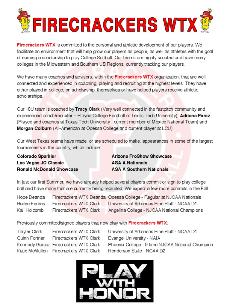 Firecrackers WTX: College Softball Scholarships | PDF