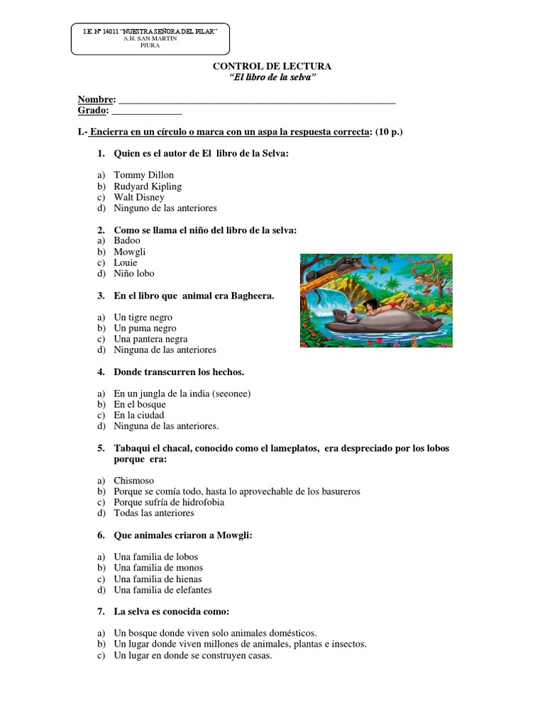Control de Lectura Libro de La Selva | PDF | El libro de la selva | Mowgli