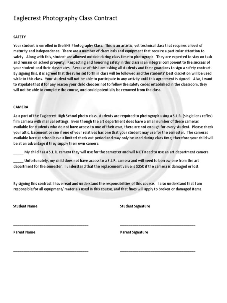 Eaglecrest Photography Class Safety Contract | PDF | Single Lens Reflex ...