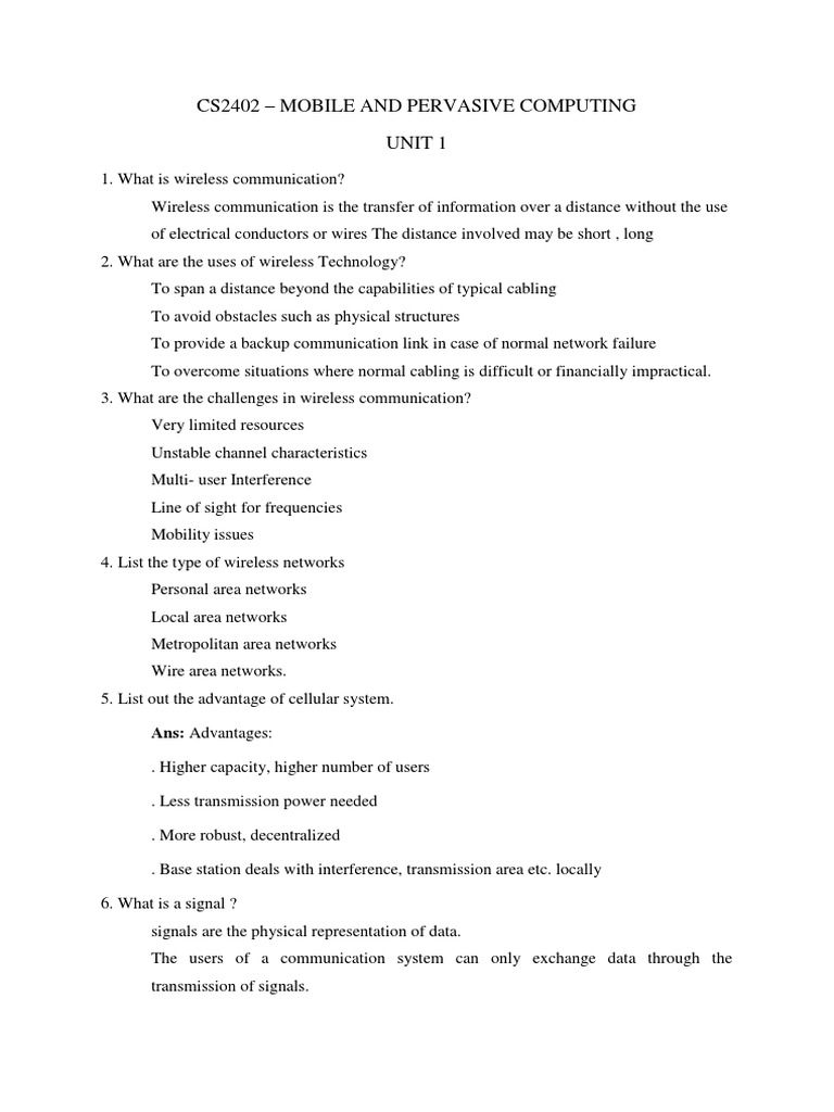 Cs2402 - Mobile and Pervasive Computing Unit 1: Ans: Advantages | PDF | Multiplexing | Code ...