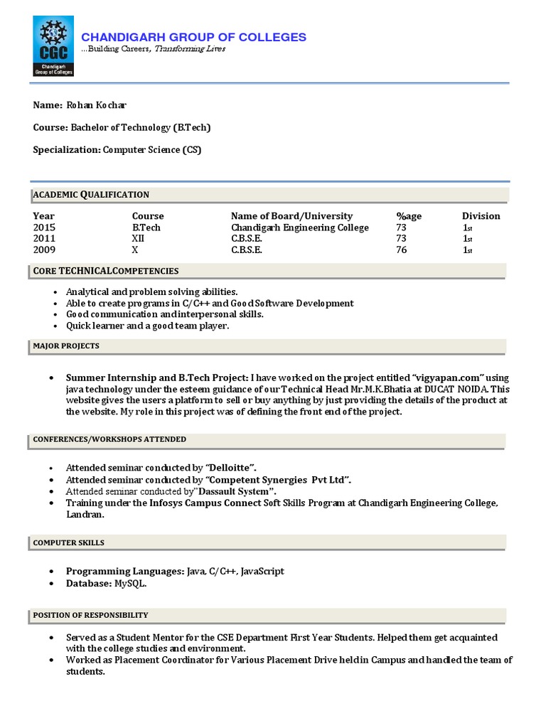 Rohan (Resume) | PDF | College | Computer Science