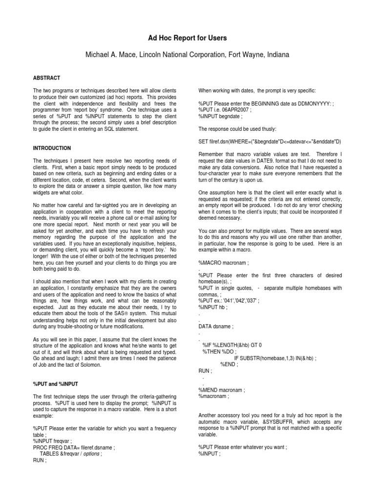Sas Adhoc Reports | PDF | Sas (Software) | Macro (Computer Science)