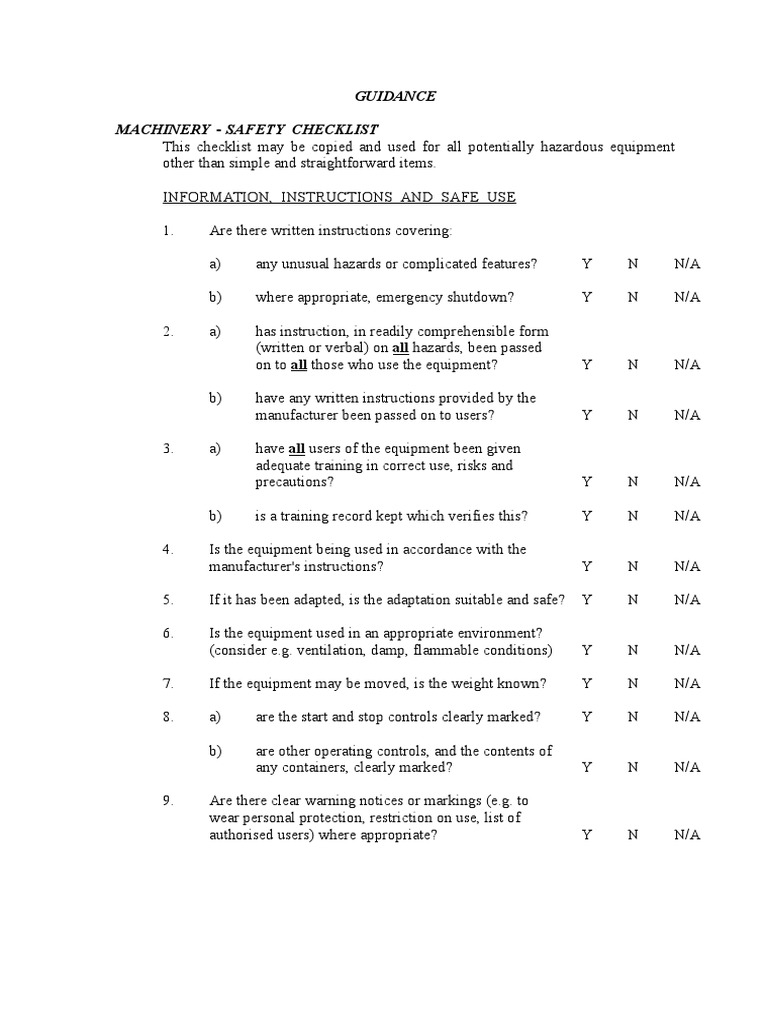 Machinery Safety Checklist | PDF | Safety