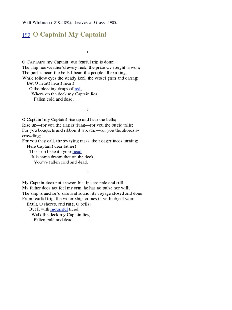 O Captain! My Captain!: Walt Whitman Leaves of Grass | PDF | Poetry