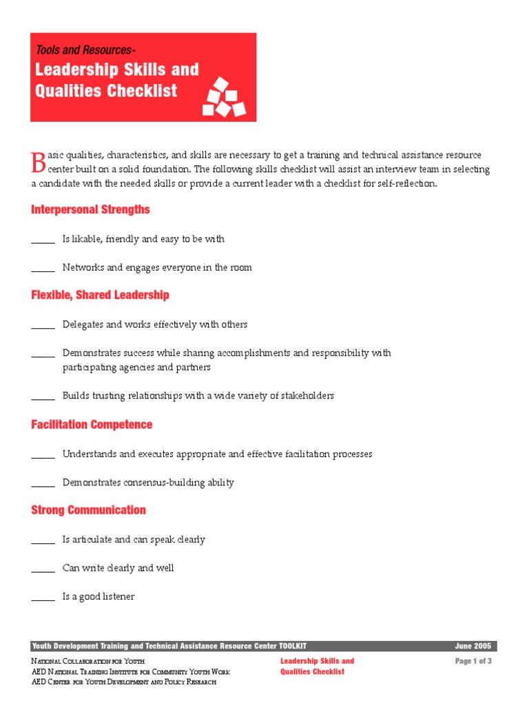 Leadership Skills and Qualities Checklist | PDF | Leadership | Applied ...