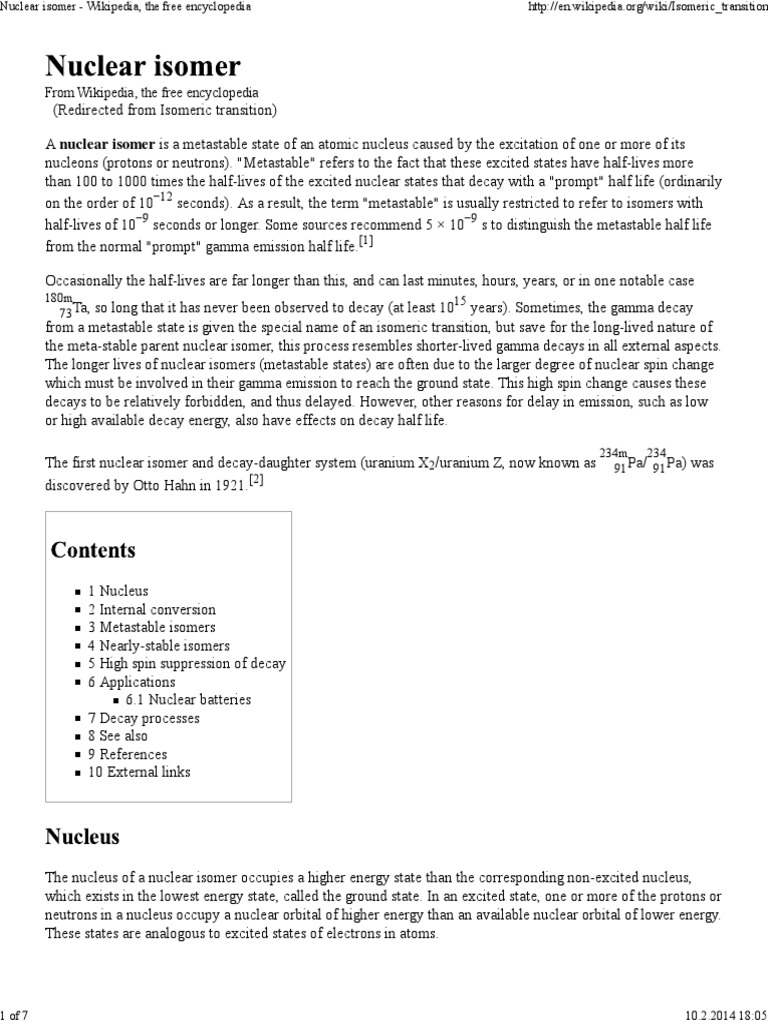 Nuclear Isomer - Wikipedia, The Free Encyclopedia | PDF | Gamma Ray ...