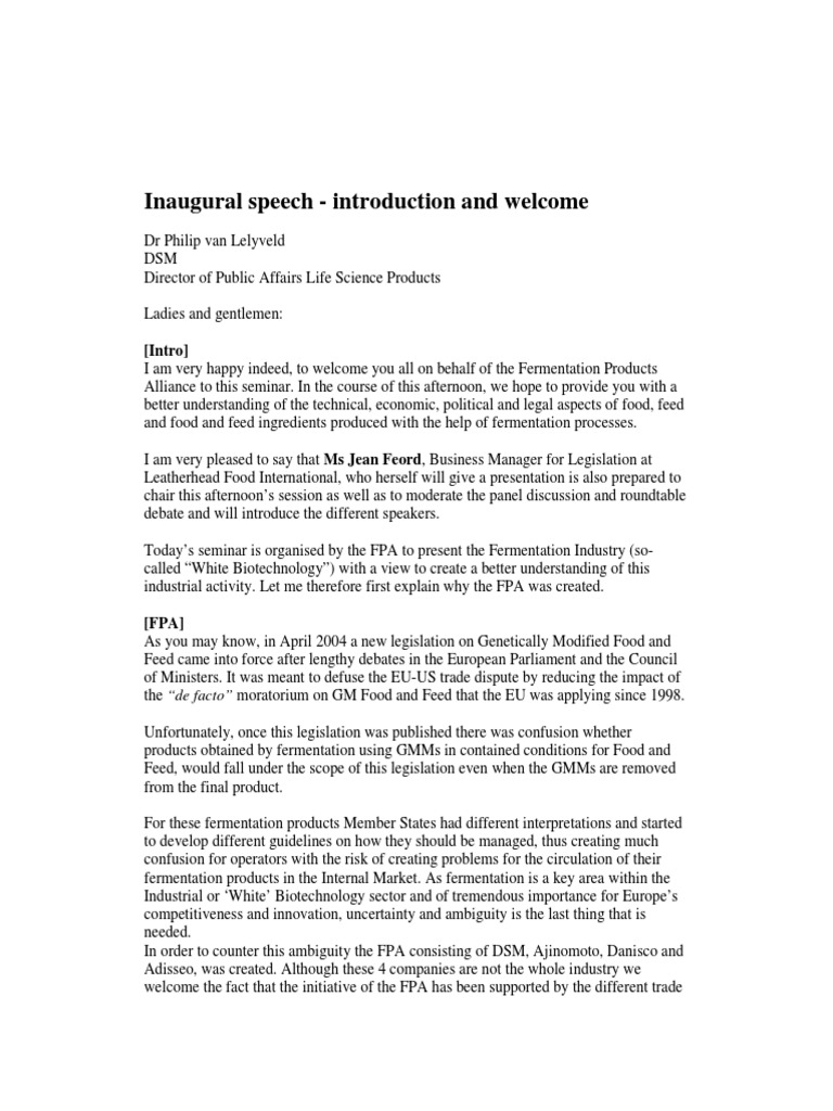 Inaugural Speech - Introduction and Welcome: (Intro) | PDF ...