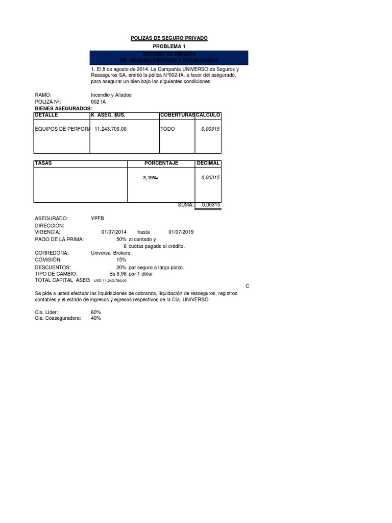 Problema2 - Diferido+coaseguro-Reaseguro PDF | PDF | Reaseguro | Póliza de seguros