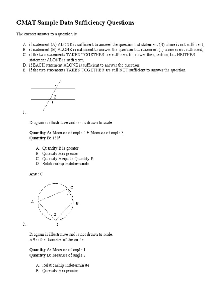 GMAT Sample Data Sufficiency Questions: Quantity A: Measure of Angle 2 + Measure of Angle 3 ...