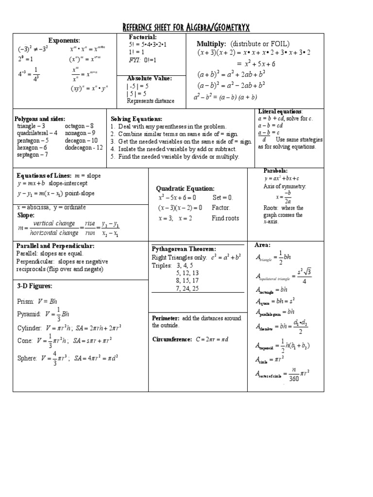 Reference Sheet For Algebra/Geometry | PDF | Fraction (Mathematics ...
