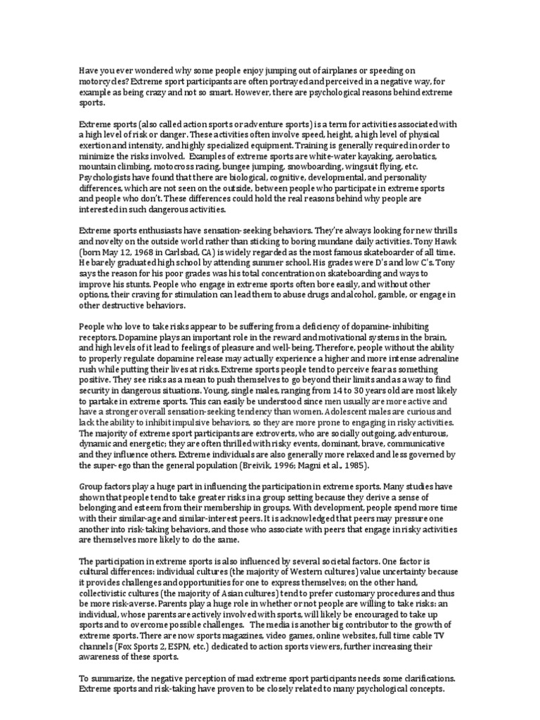 Extreme Sports Essay | PDF | Risk | Adolescence