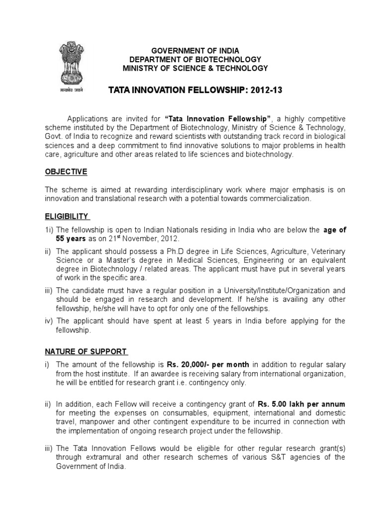 Tata Innovation Fellowship 2012 | PDF | Fellow | Science And Technology