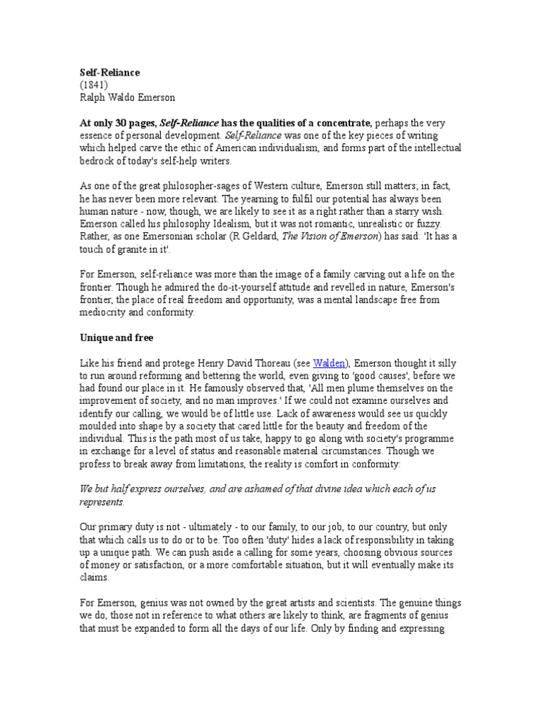Self Reliance by Emerson | PDF | Ralph Waldo Emerson | Truth