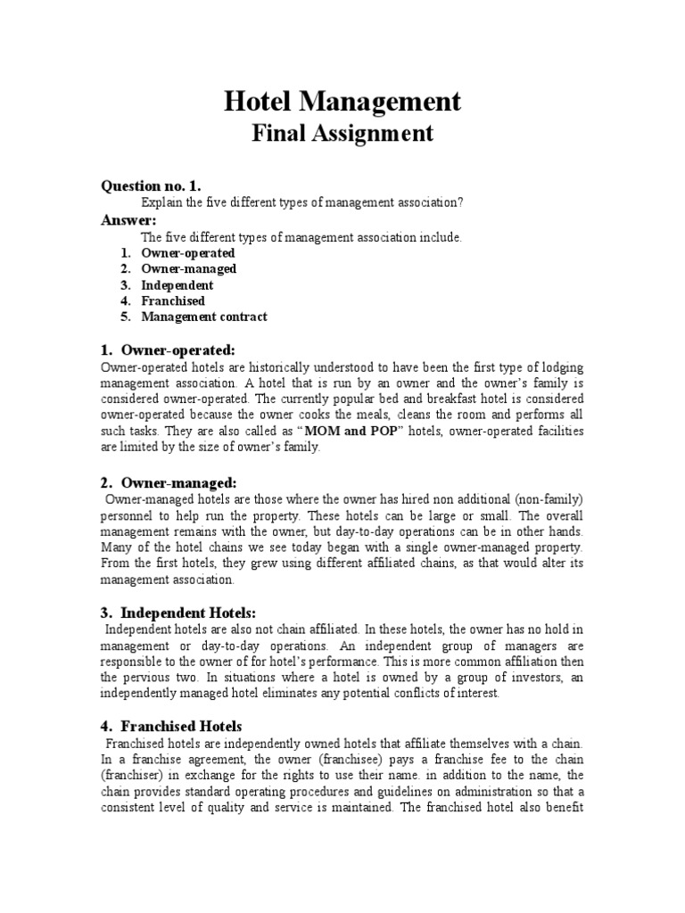 Hotel Management Assignment | PDF | Franchising | Hotel