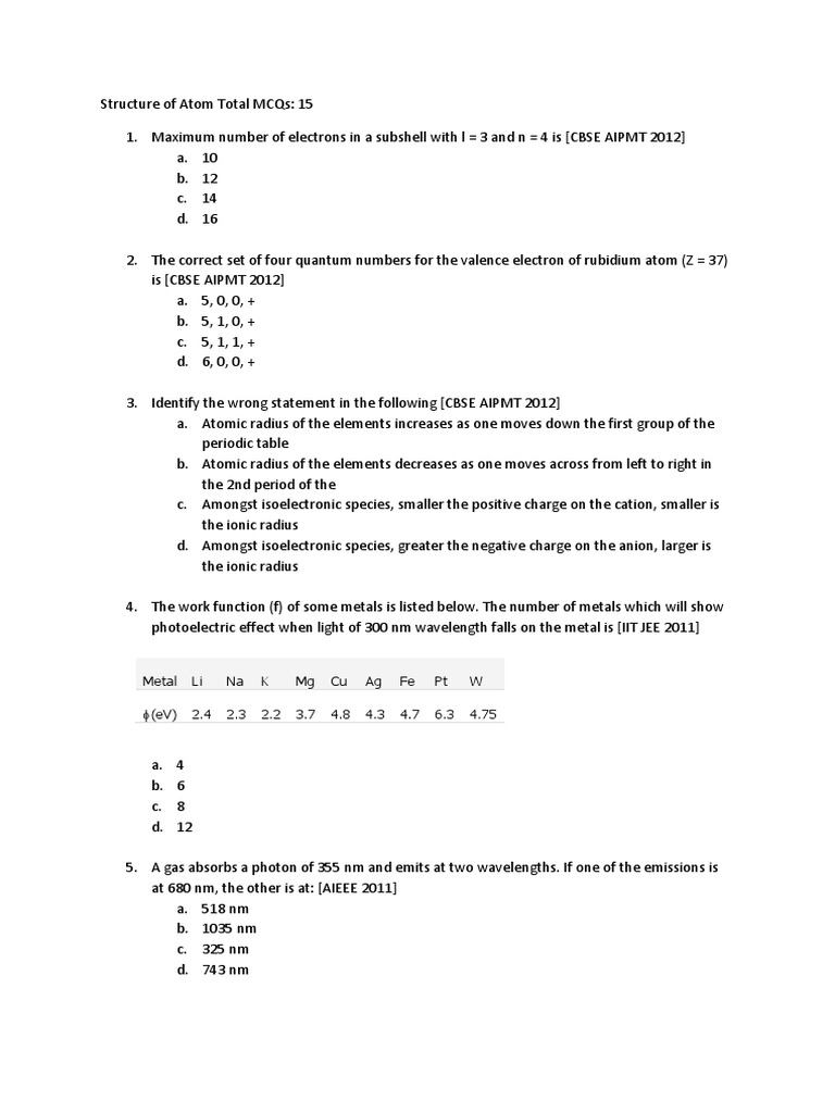 Structure of Atom - MCQs | PDF | Atoms | Ion