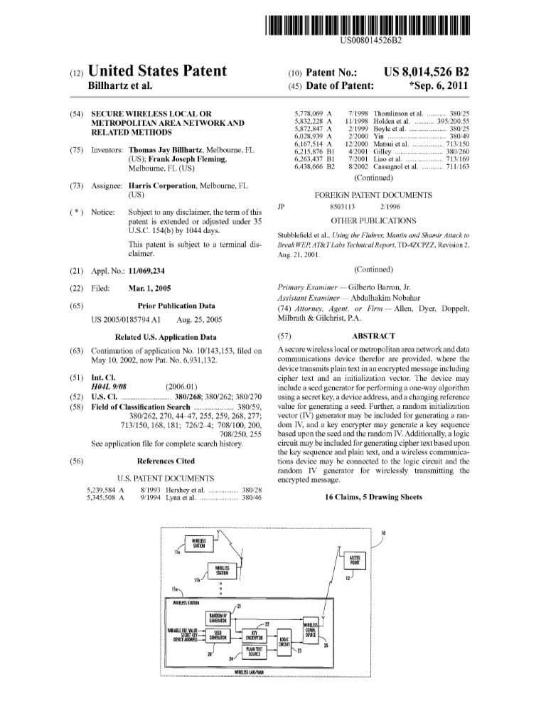 United States Patent (10) Patent No.: US 8,014,526 B2 | PDF | Wireless ...