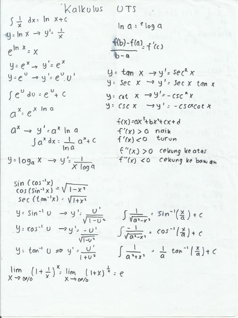 Catatan Rumus Kalkulus Untuk UTS KALKULUS | PDF