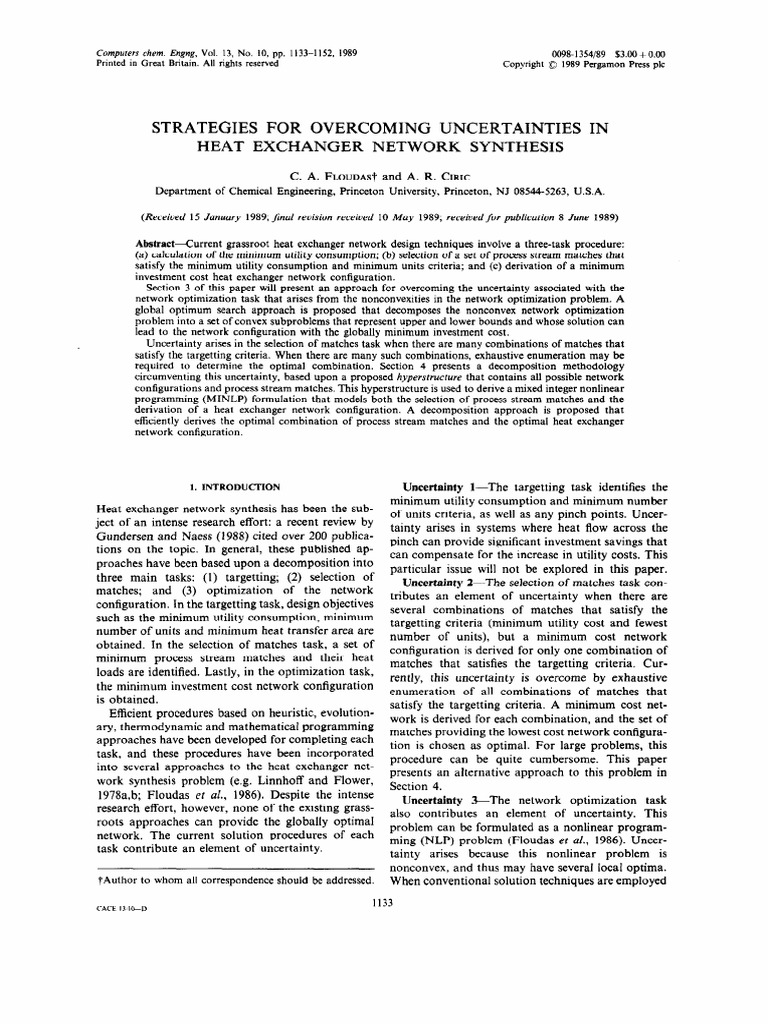 Strategies For Overcoming Uncertainties in Heat Exchanger Network Synthesis | PDF | Mathematical ...