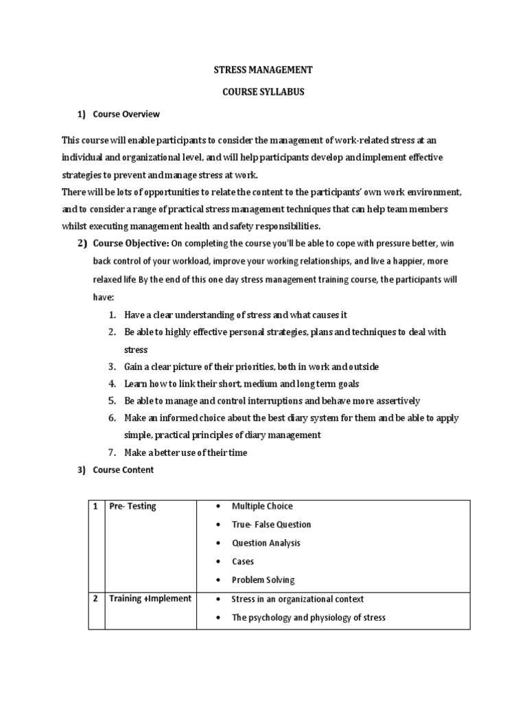 Stress Management Course Syllabus | PDF | Stress Management | Stress ...