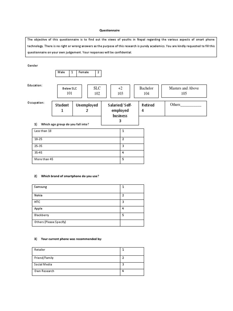 Questionnaire On Preference On Smart Phone | PDF | Smartphone | Mobile App