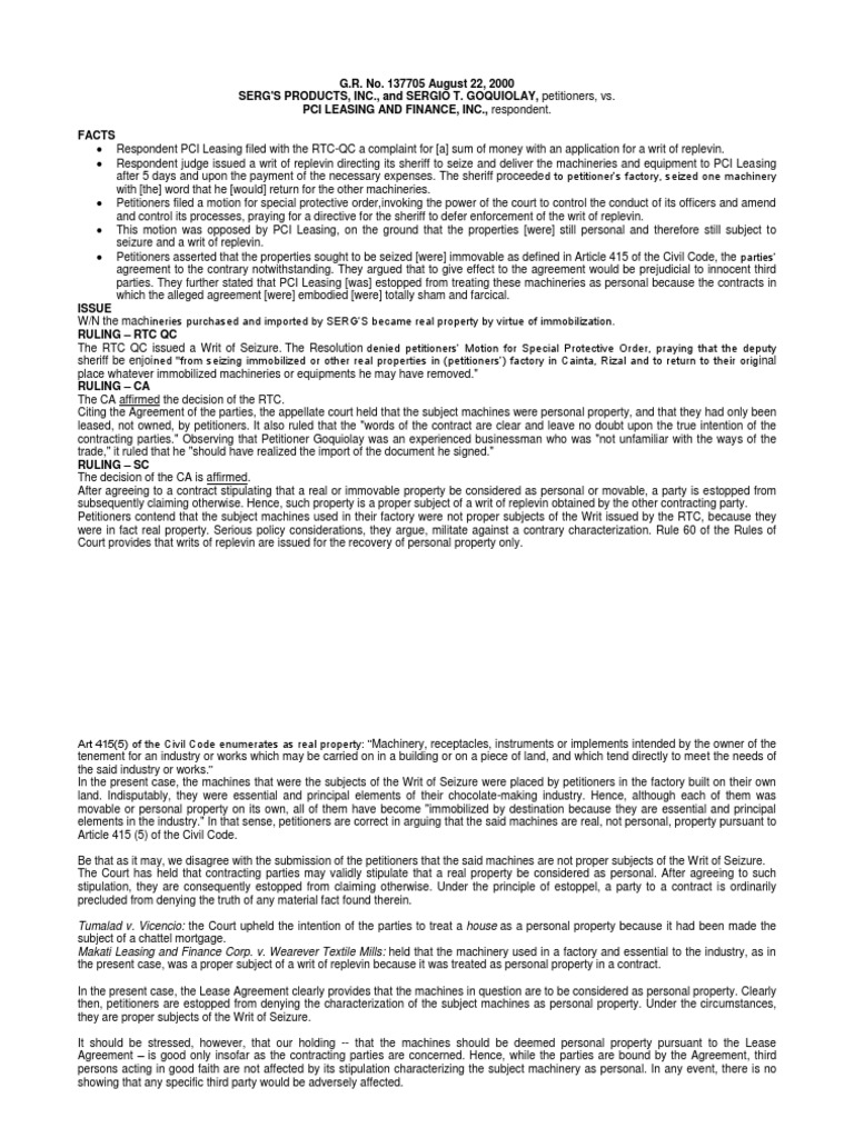 G.R. No. 137705 August 22, 2000 SERG'S PRODUCTS, INC., and SERGIO T ...