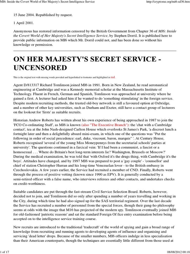 MI6 - Inside The Covert World of Her Majesty's Secret Intelligence Service | PDF | Secret ...